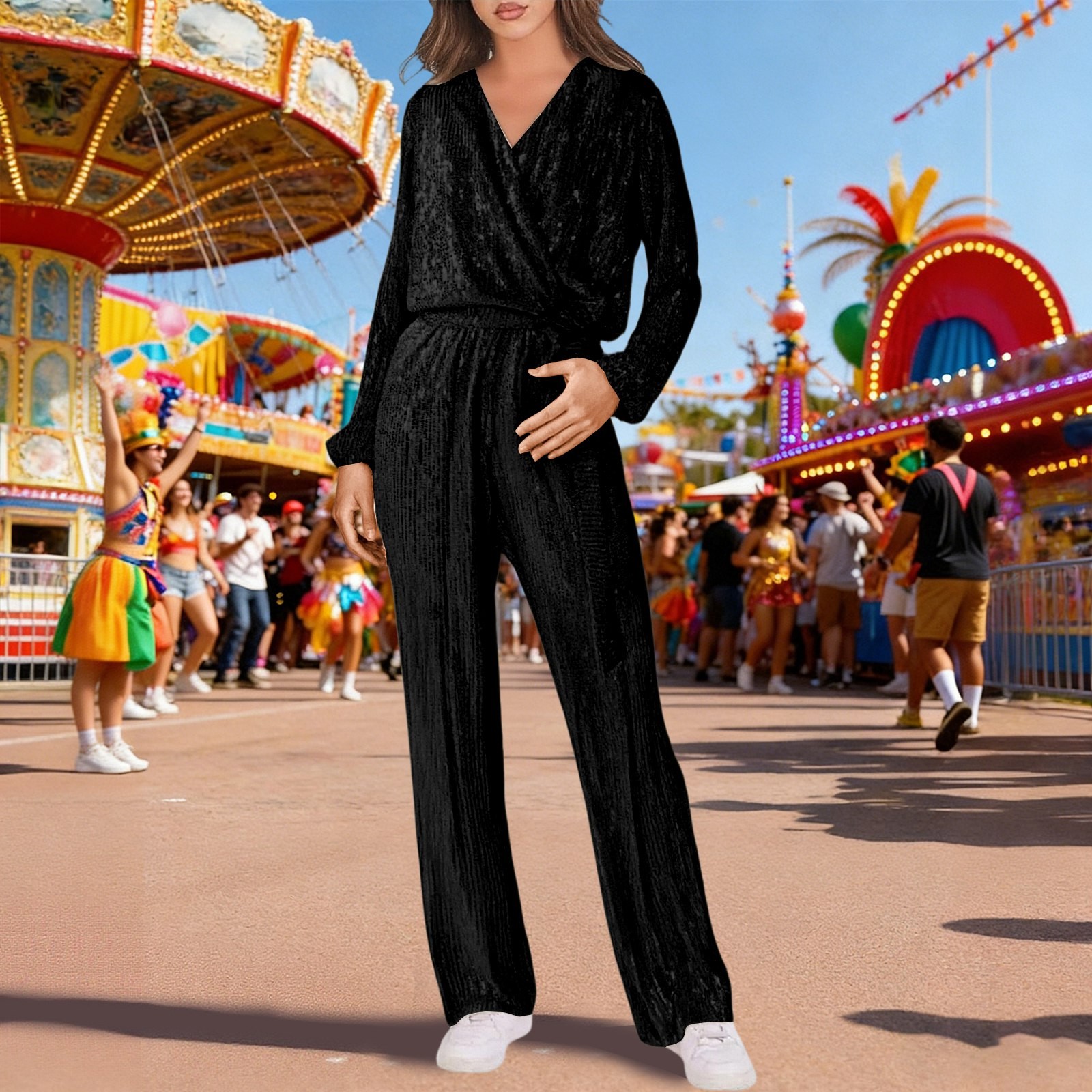 Elegant Sparkling Sequin Jumpsuit Featuring V-Neck Collar And Long ...