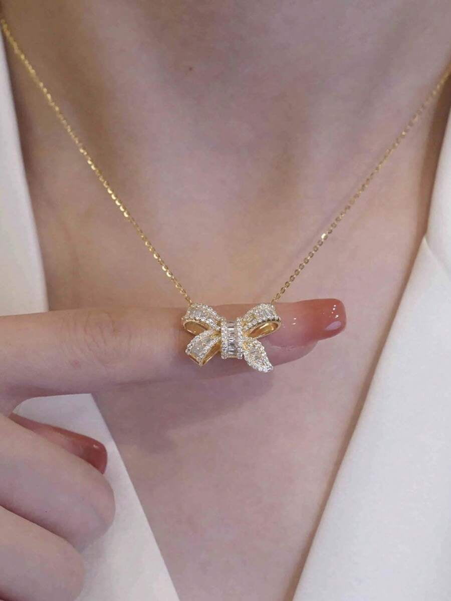Elegant Sparkling Stainless Steel Cubic Zirconia Bowknot Necklace In ...