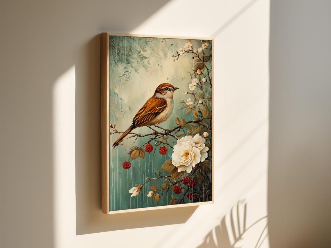 Elegant Sparrow On Flowering Branch Wall Art – Rustic Nature-Inspired ...