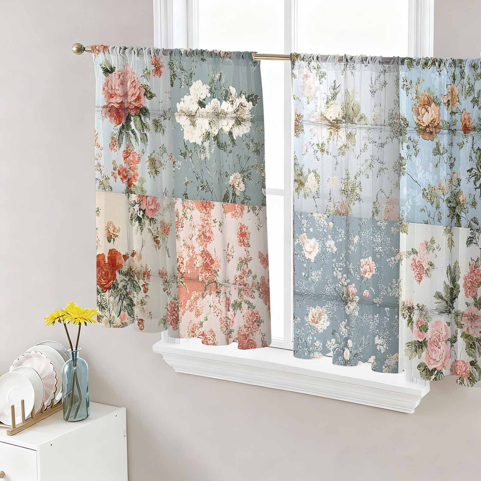 Elegant Spring Floral Semi Sheer Curtains 45 Inch Length 2 Panels Set ...