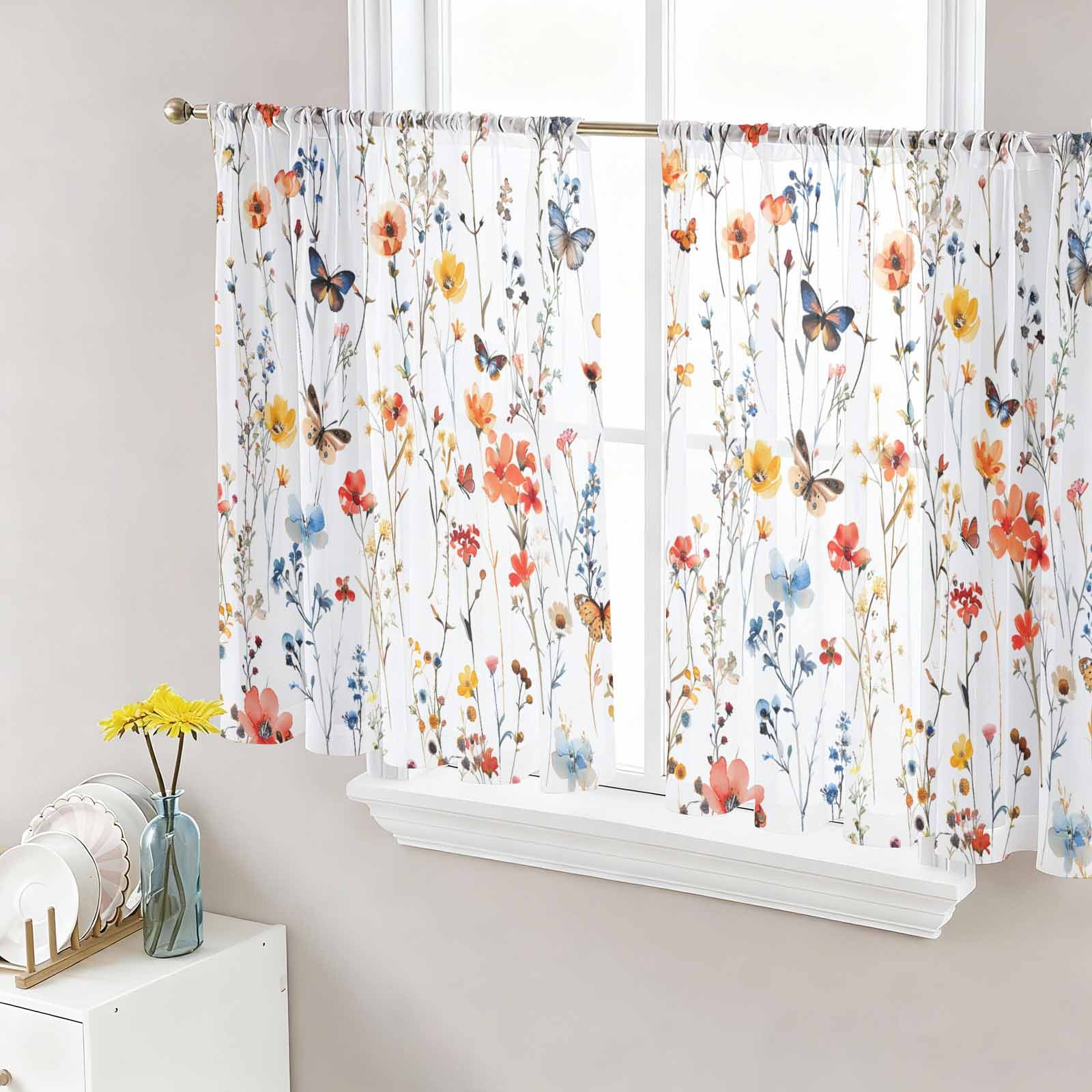Elegant Spring Floral Semi Sheer Curtains 54 Inch Length 2 Panels Set ...