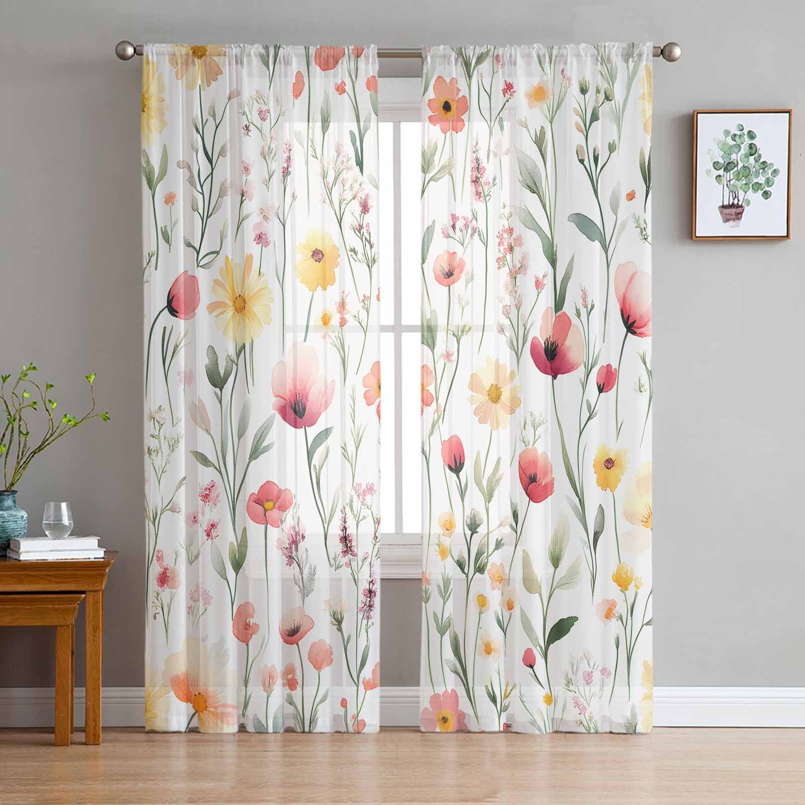 Elegant Spring Floral Sheer Curtains 72 Inch Length 2 Panels Set for ...