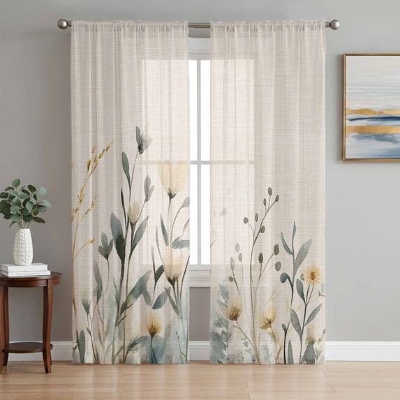 Elegant Spring Floral Sheer Curtains 84 Inch Length 2 Panels Set ...