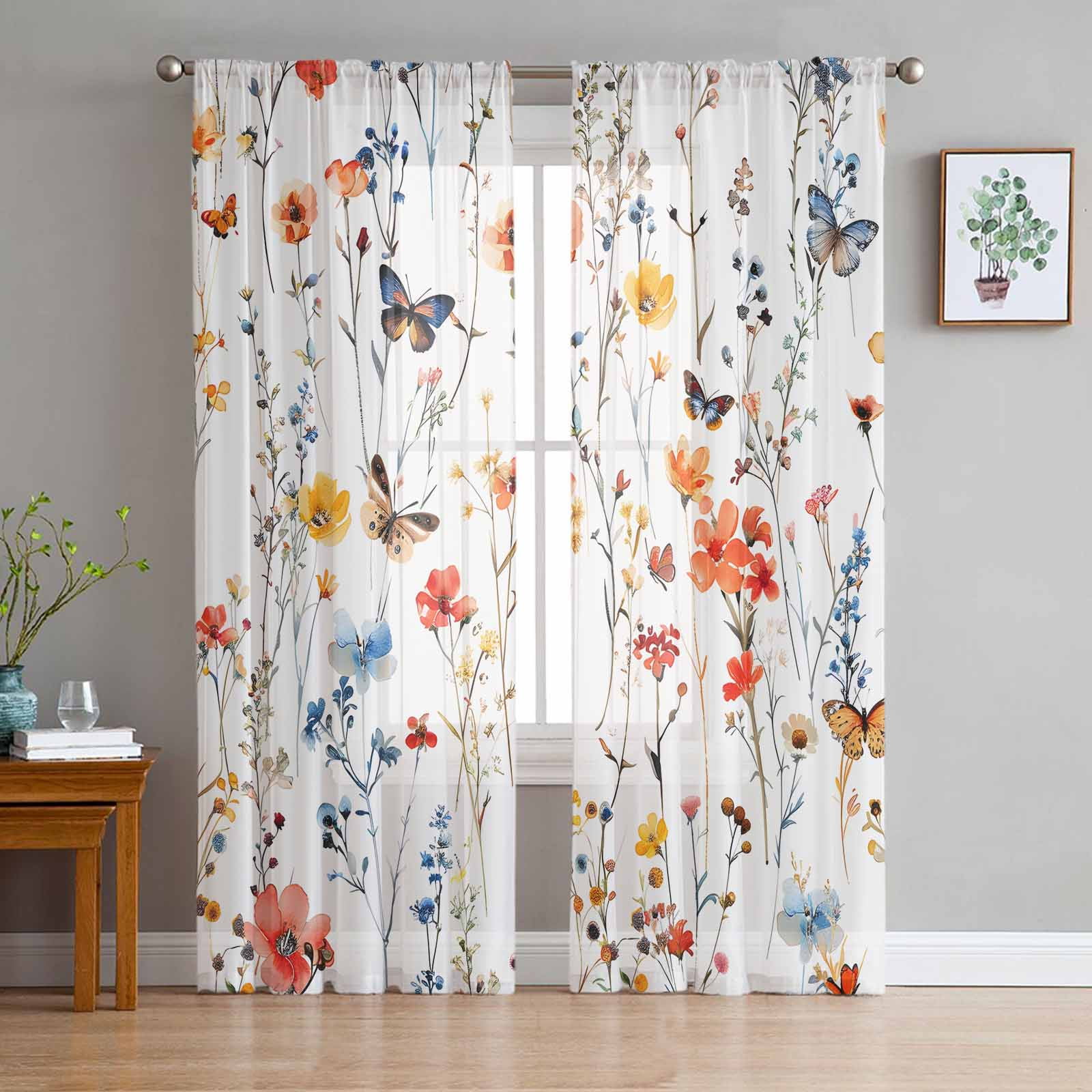 Elegant Spring Floral Sheer Curtains 84 Inches Long 2 Panels Set ...