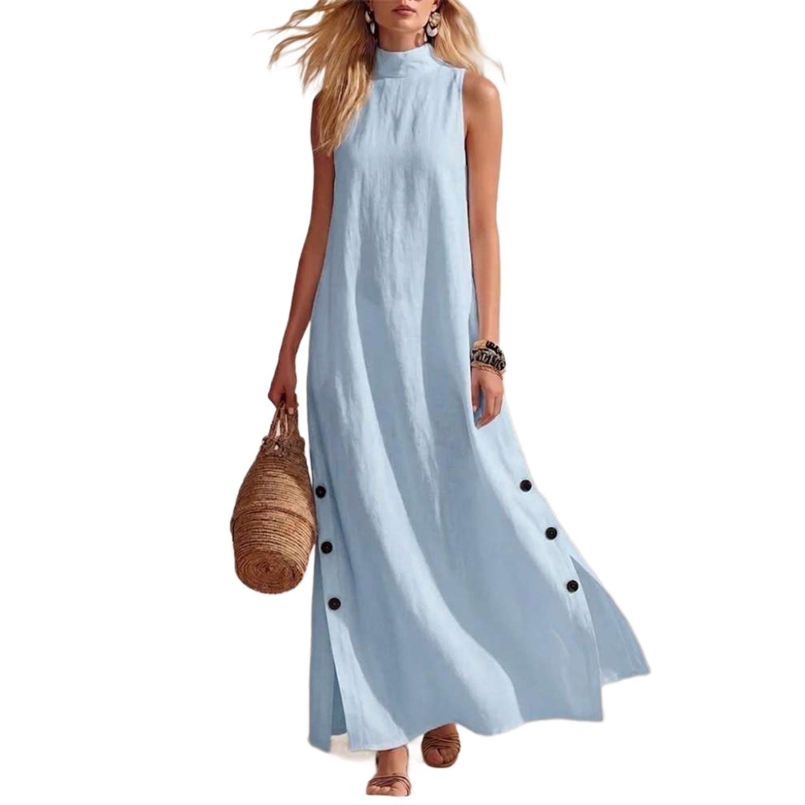 Elegant Stand Collar Linen Maxi Dress for Women Summer Sleeveless Split ...