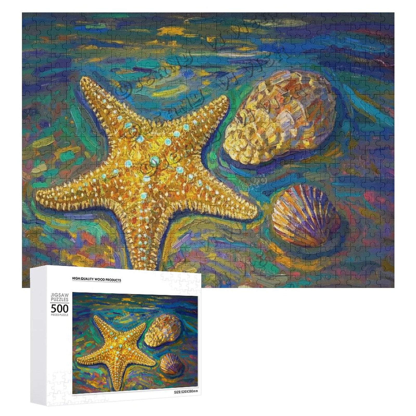 Elegant Starfish and Shell Puzzle – 500 pcs Wooden Puzzle with Golden ...