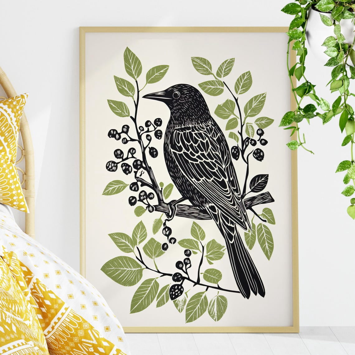 Elegant Starling Bird Tree Branch Linocut Style Wildlife Minimalist ...