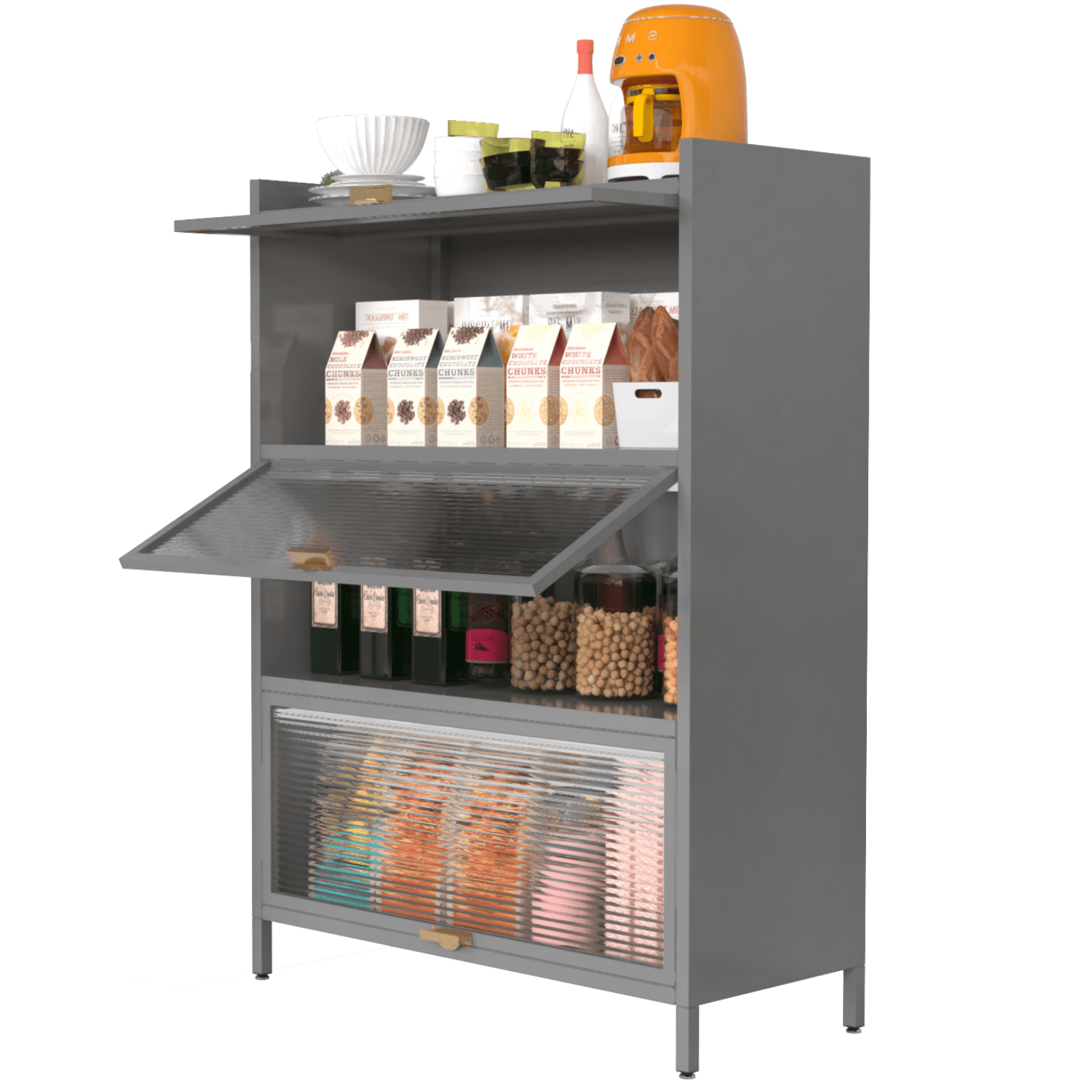 Elegant Storage Cabinet with Fluted Flip Doors, 3-Level Shelf, Metal ...