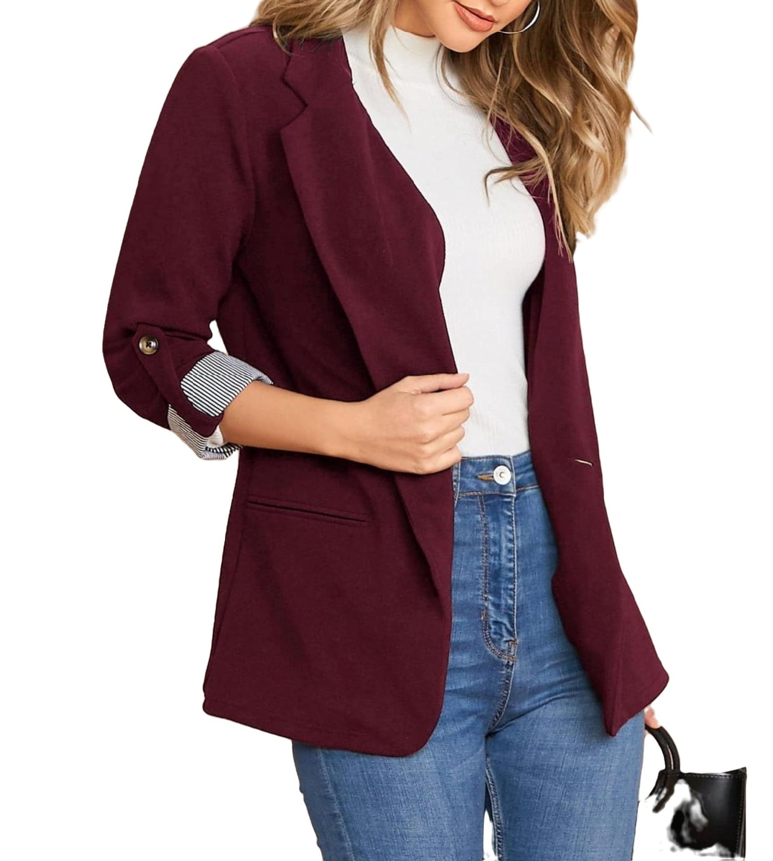 Elegant Striped Lapel Neck Maroon Women Blazers - Walmart.com