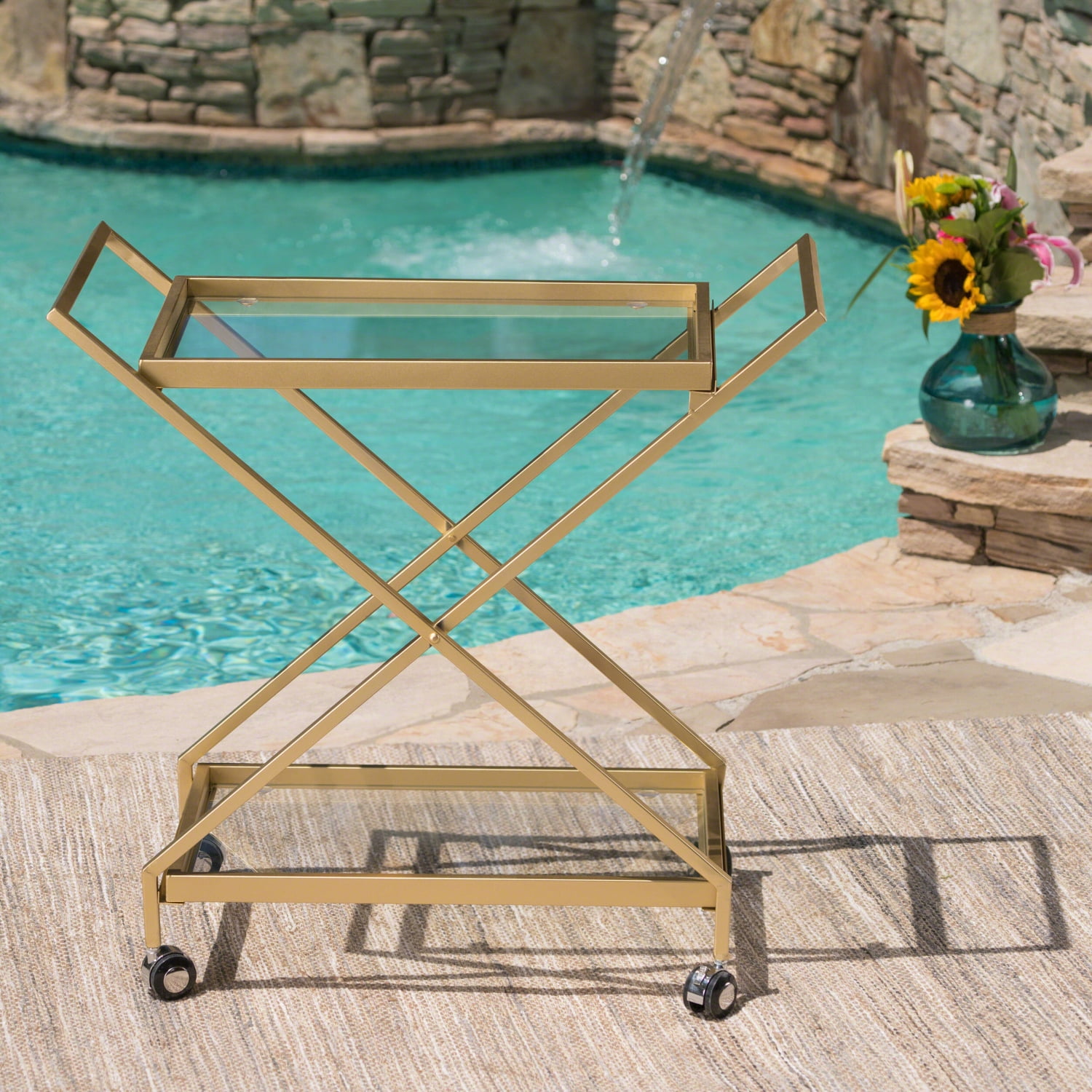 Stylish Vintage Gold Bar Cart with Wheels and Glass Shelves for Serving ...