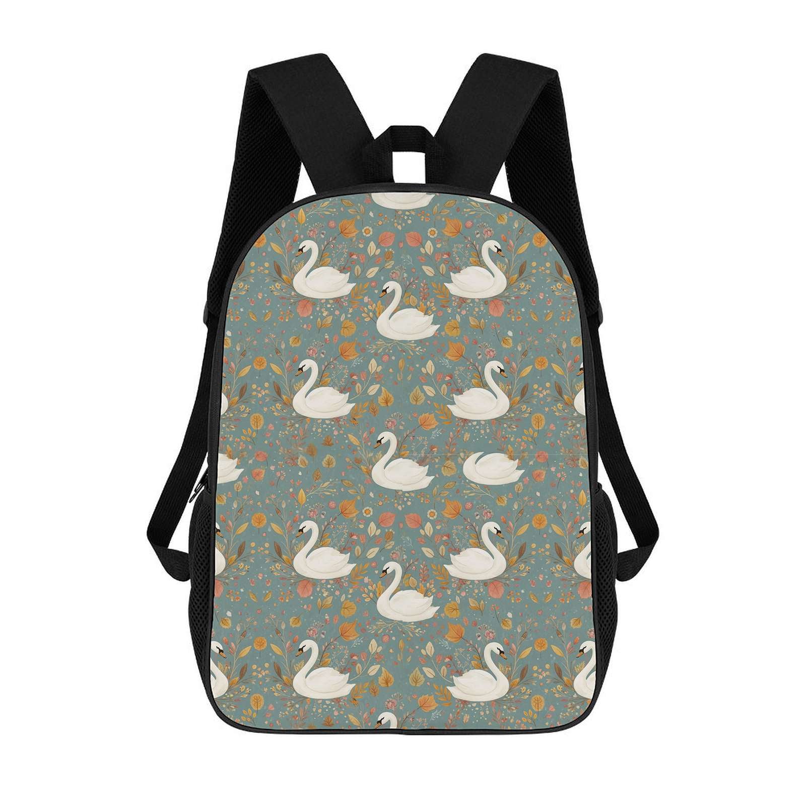Elegant Swan Floral Print Large Capacity Backpacks For Teenagers Travel ...