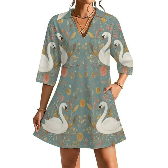 Elegant Swan Floral Print Womens Dress With Pockets Summer V Neck 3/4 ...