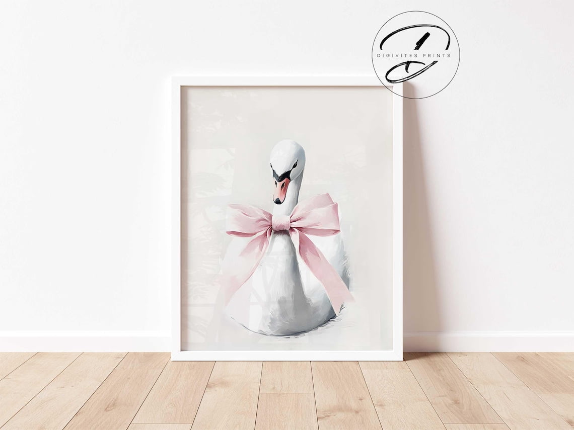 Elegant Swan Wall Art Print, Pink Bow Swan, Girl'S Bedroom Nursery Art ...