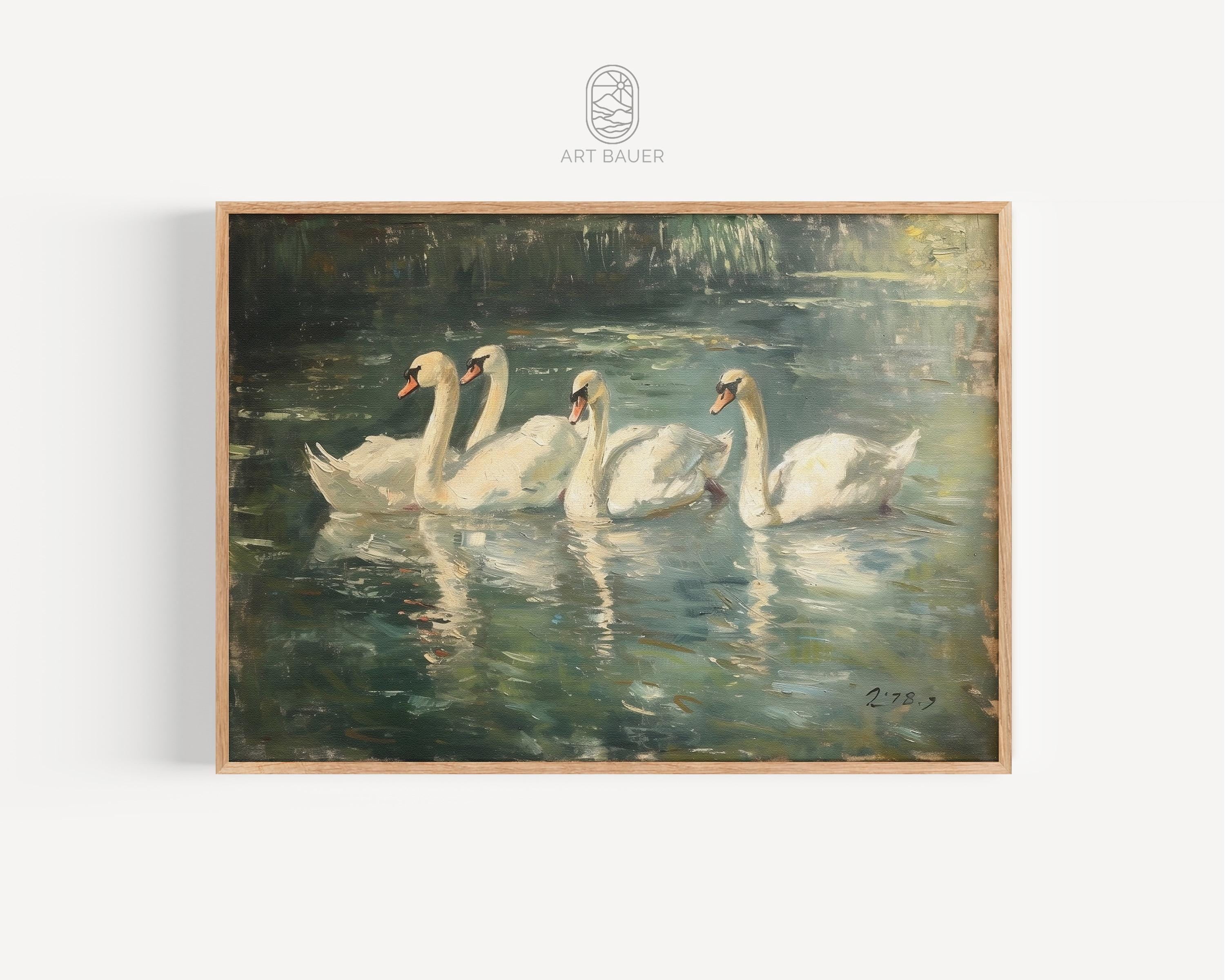 Elegant Swans, Pond Scene, Swan Painting, Gallery Print, Wildlife Decor ...