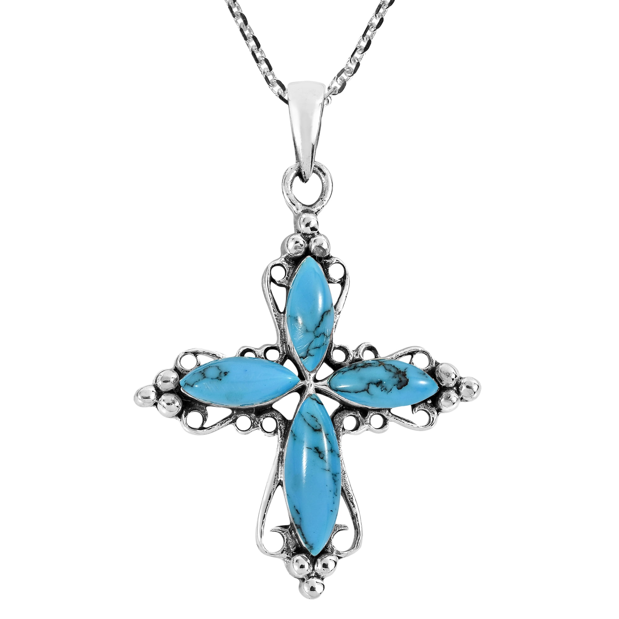 Elegant Swirling Sterling Silver Cross w/ Blue Turquoise Inlay Necklace ...