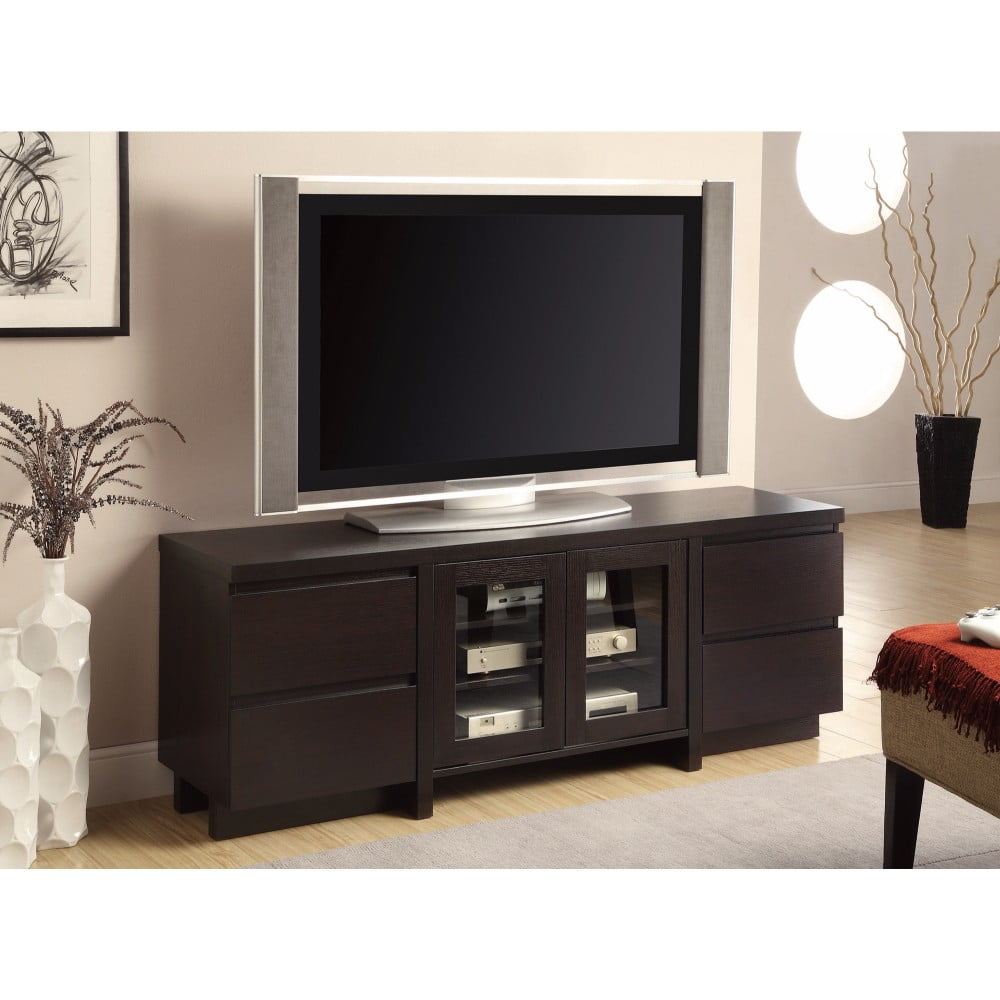 Elegant TV Console with 4 Drawers & 2 Glass Doors, Brown - Walmart.com