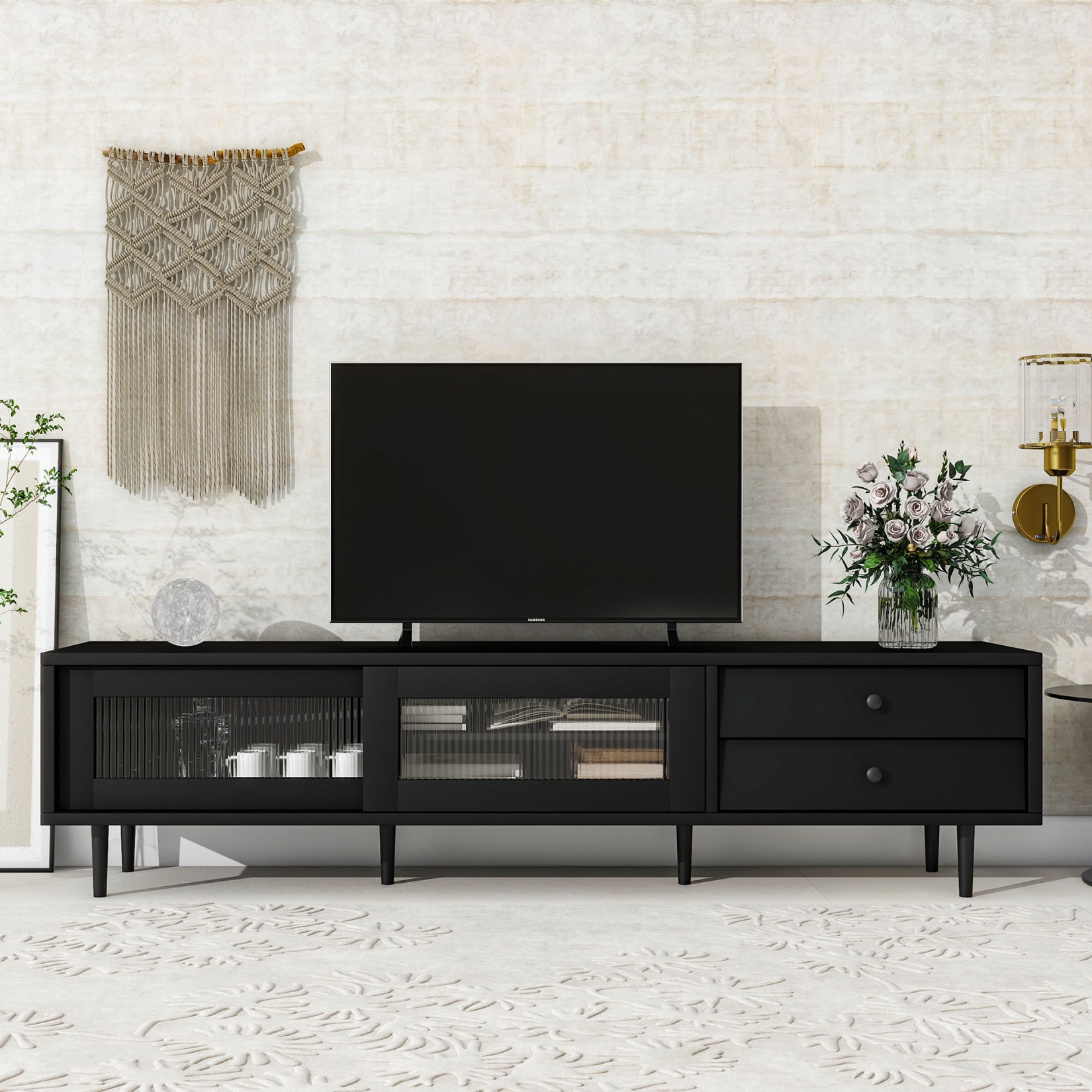Elegant TV Stand for TVs Up to 75", TV Cabinet with Sliding Fluted ...