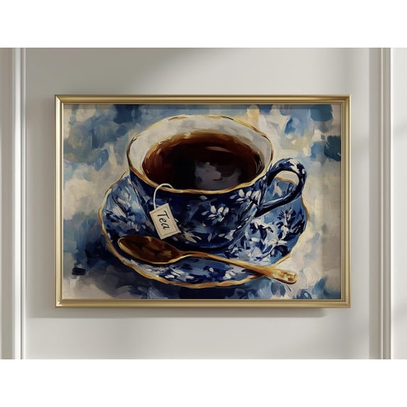 Elegant Tea Lovers Art Blue Floral Kitchen Wall Decor Trendy, Unframed ...
