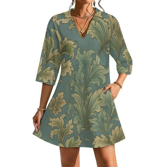 Elegant Teal Foliage Pattern Womens Dress With Pockets Summer V Neck 3/ ...