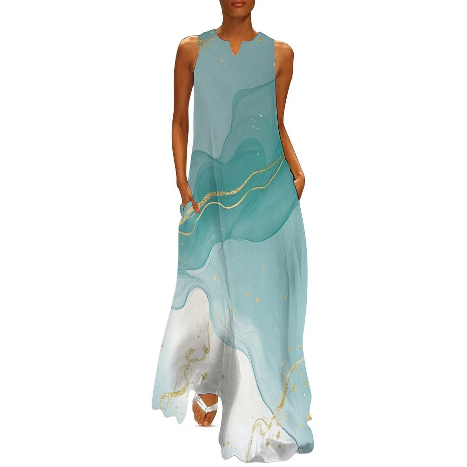 Elegant Teal Gold Abstract Long Dress luxury evening dresses women ...