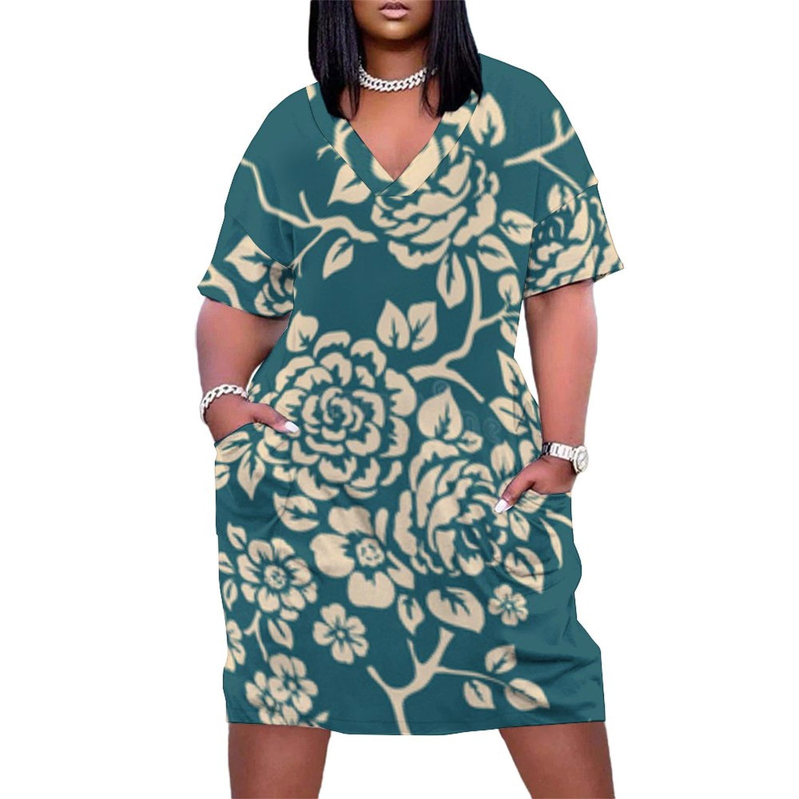 Elegant Teal Rose Floral Pattern Summer Sundress for Curve Women Casual ...