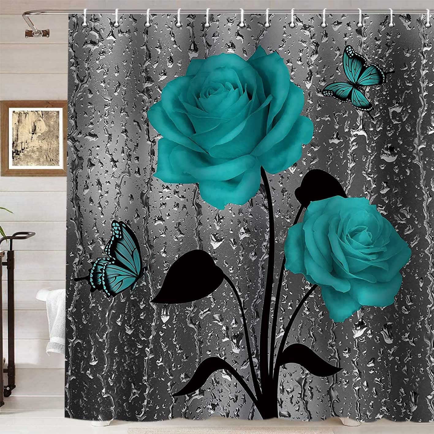 Elegant Teal Rose Shower Curtain, Raindrop Butterfly Turquoise Floral ...