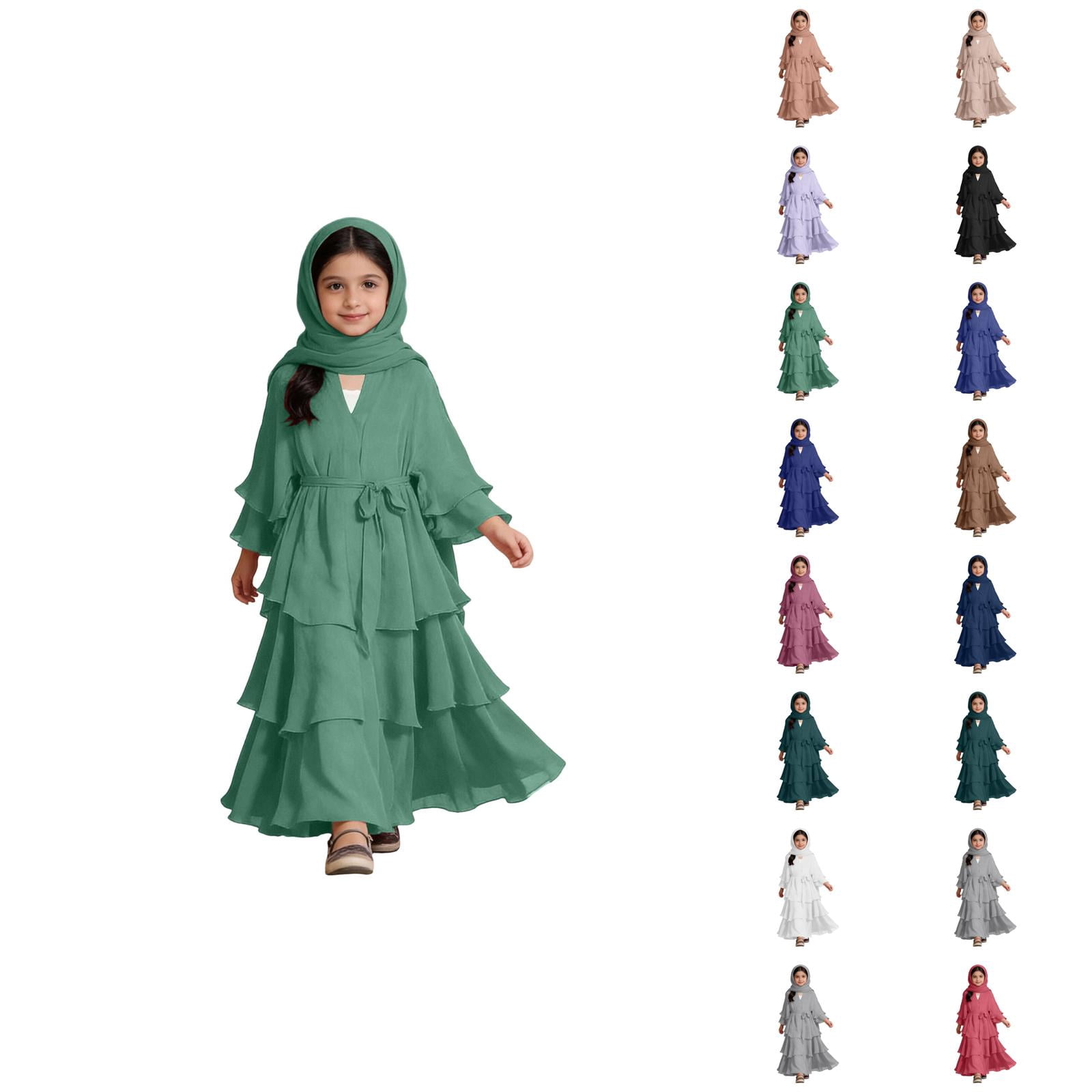 Elegant Three Layer Chiffon Dress with Waistband and Headscarf for ...