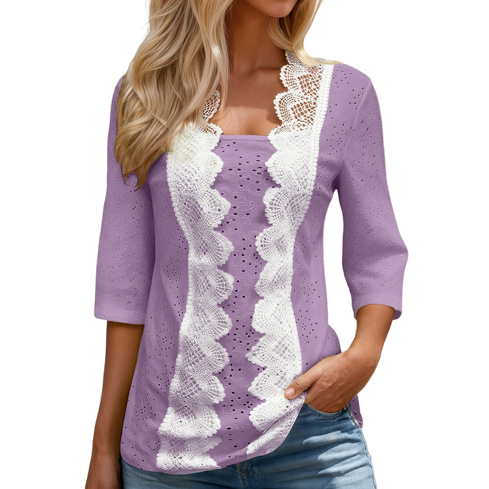 Elegant Three Quarter Sleeve Eyelet Lace Trim Blouse with Scalloped Hem ...