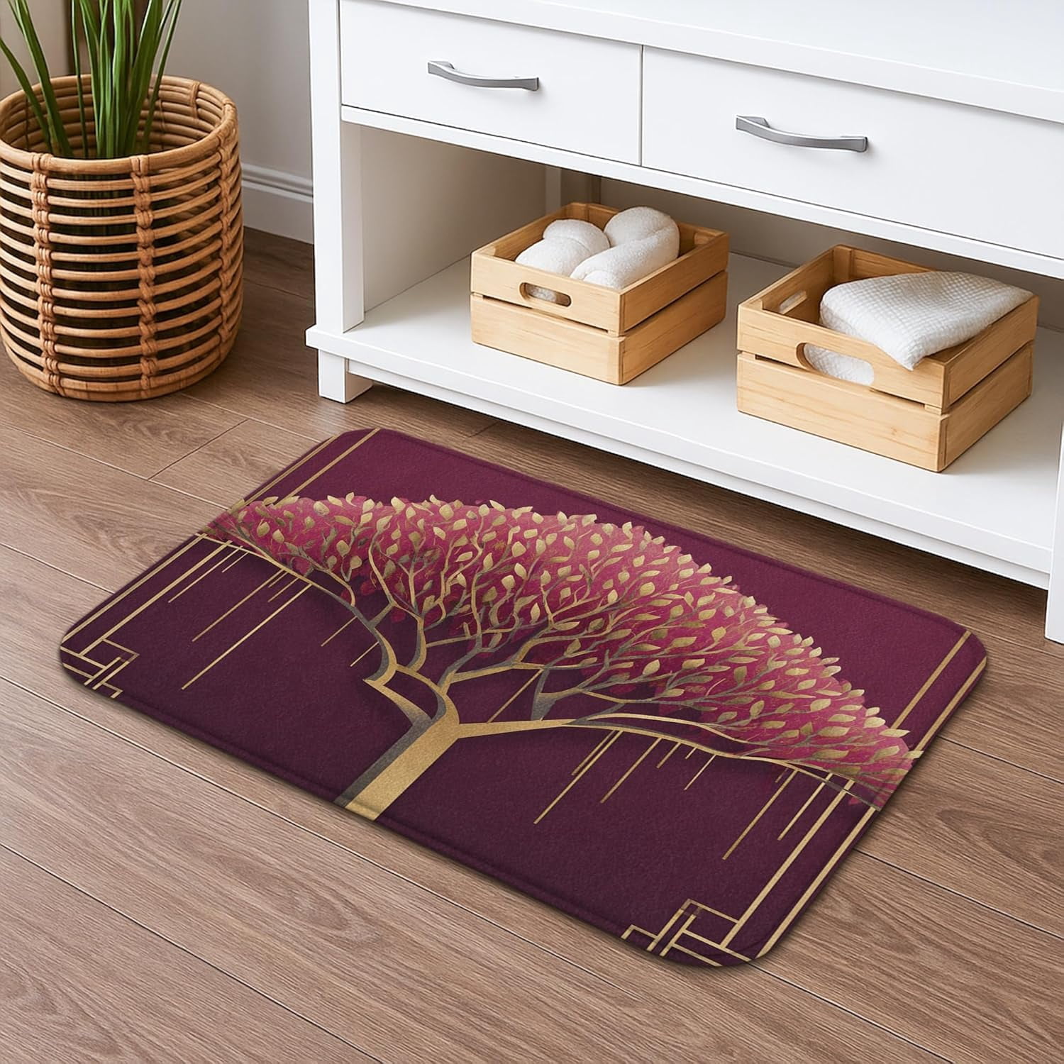 Elegant Tree Design Memory Foam Bath Mat Violet Leaves Pattern ...