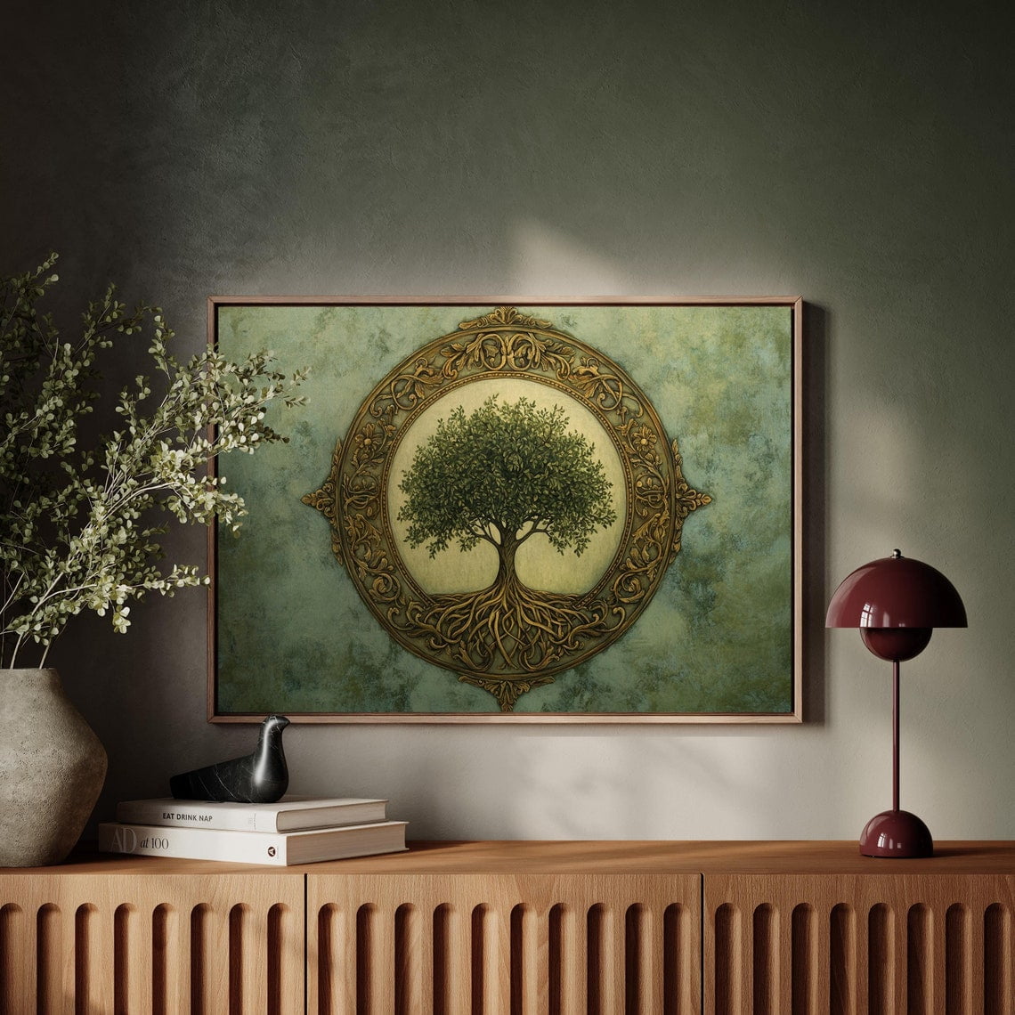 Elegant Tree Of Life Wall Art - Ornate Green And Gold Nature-Inspired ...