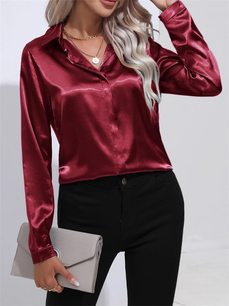 Elegant Turn-Down Collar One Button Satin Long Sleeve Shirt For Women ...