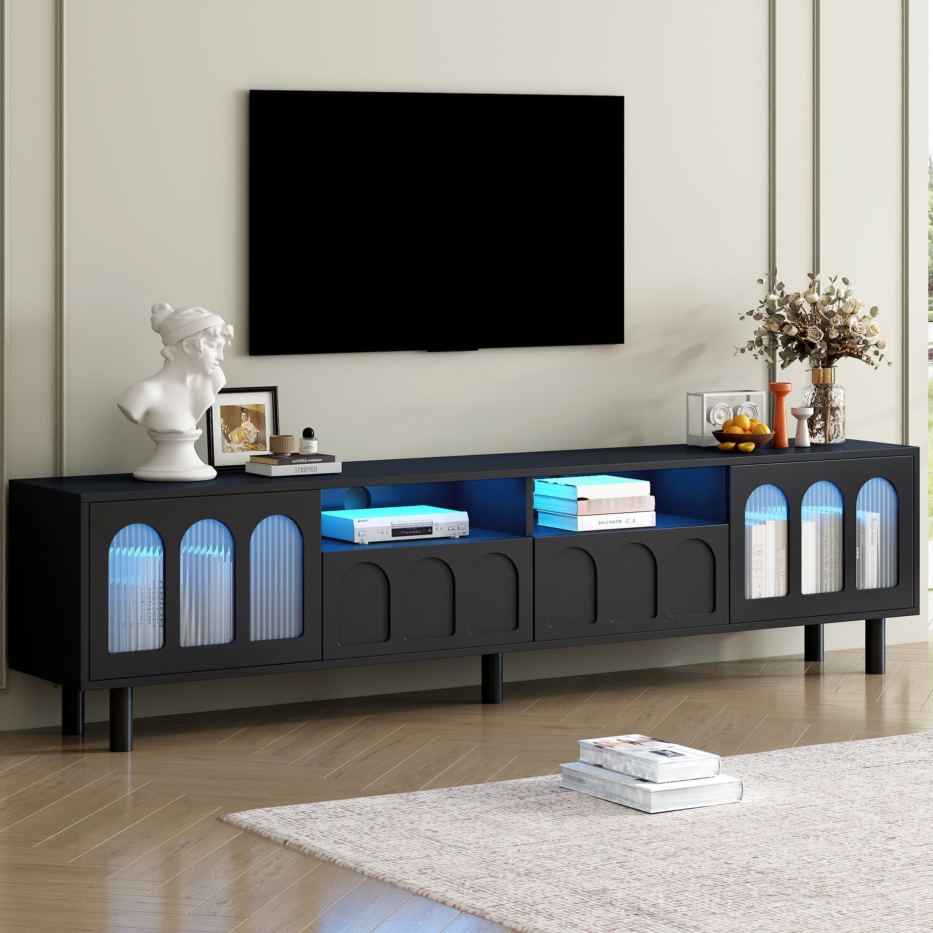 Elegant Tv Console With Tempered Glass & Solid Pine Legs Stand For Up ...