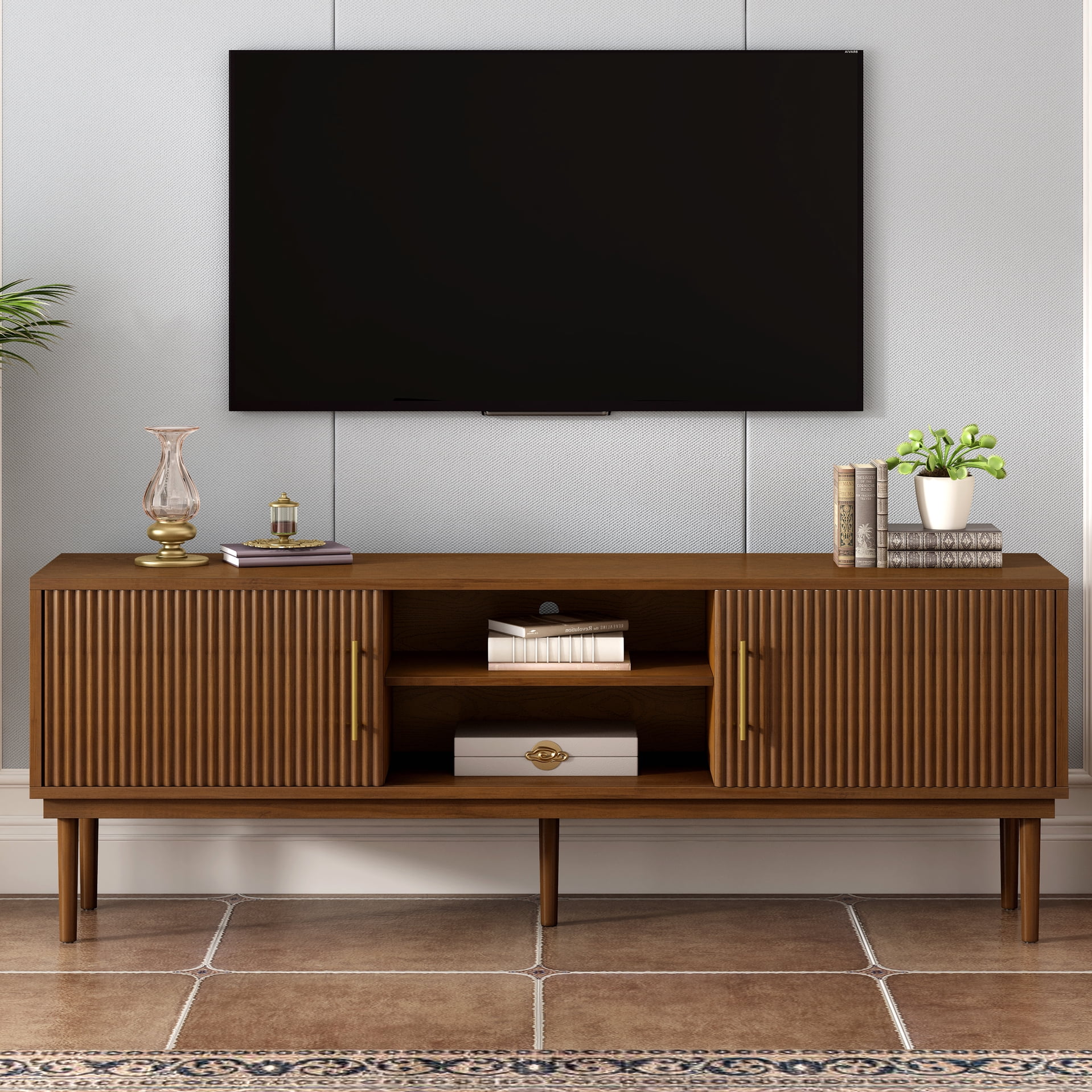 Elegant Tv Console With Vertical Striped Doors & Sliding Feature. Solid ...