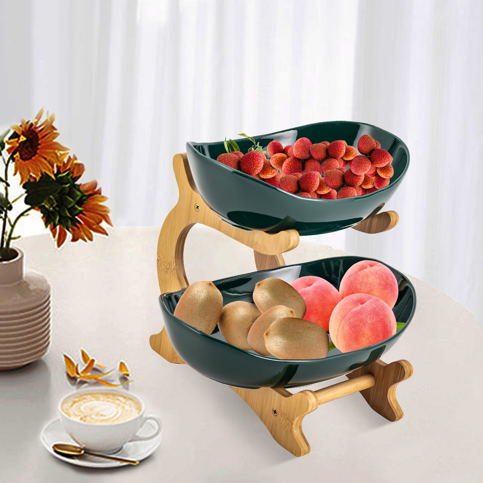 Elegant Two-Tiered Fruit Bowl Set - Space-Saving Bamboo & Ceramic ...