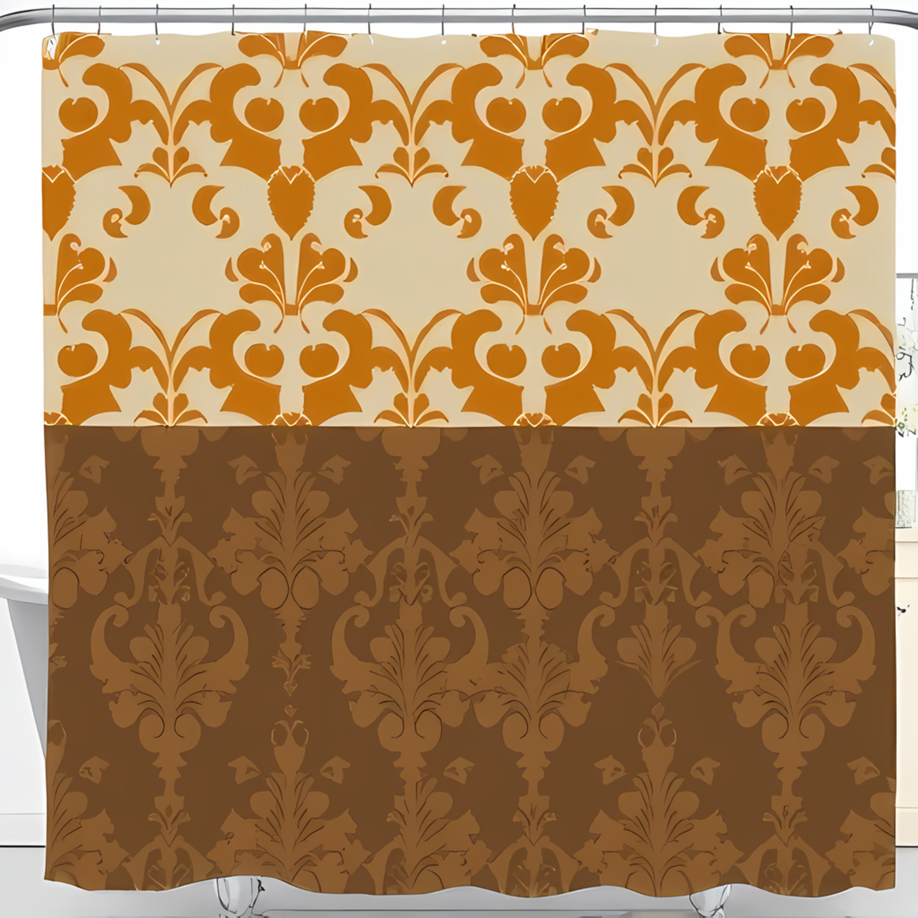 Elegant Two-Toned Damask Shower Curtain - Creamy Beige & Deep Brown ...