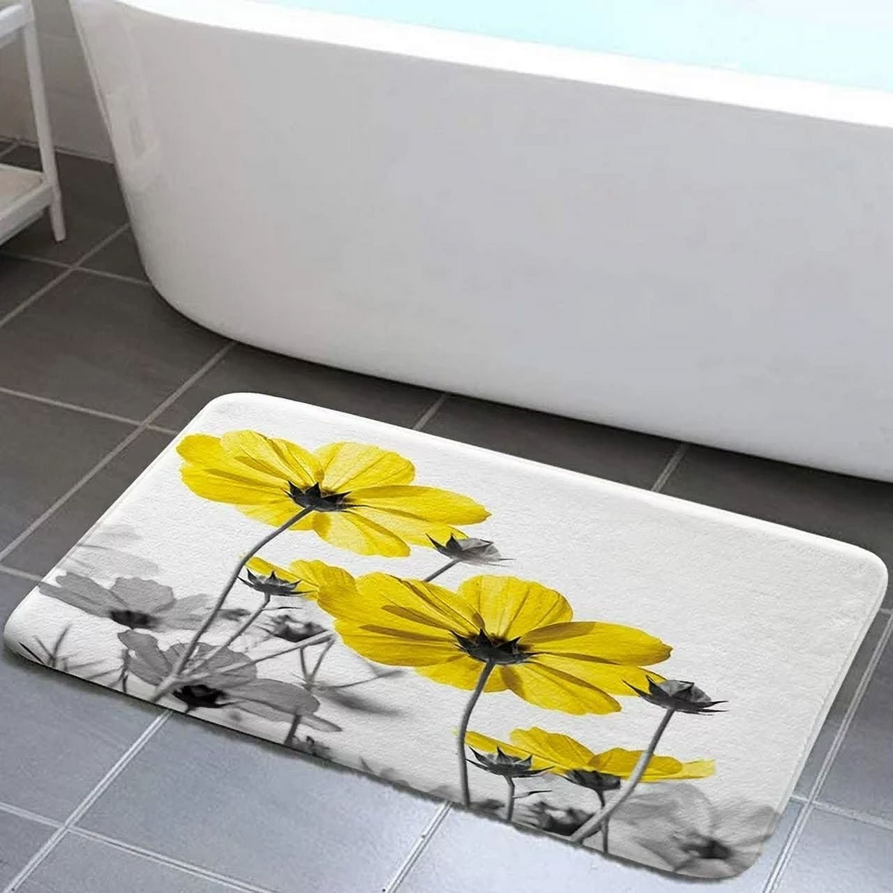Elegant Unique Floral Bath Mat for Bathroom Decor, Yellow and Grey ...
