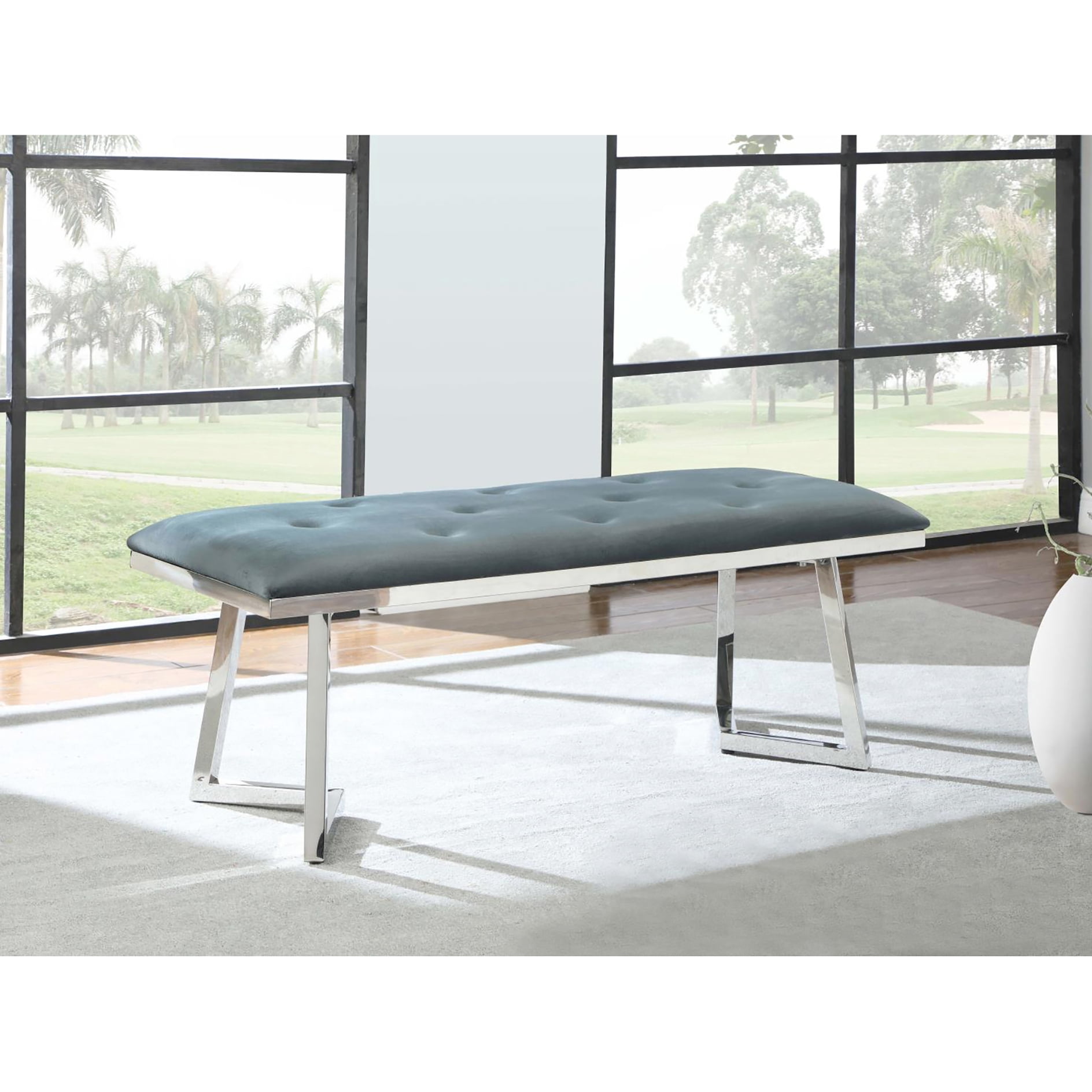 Elegant Upholstered Dark Grey Bench With Cushion And Trim Soft Seat ...
