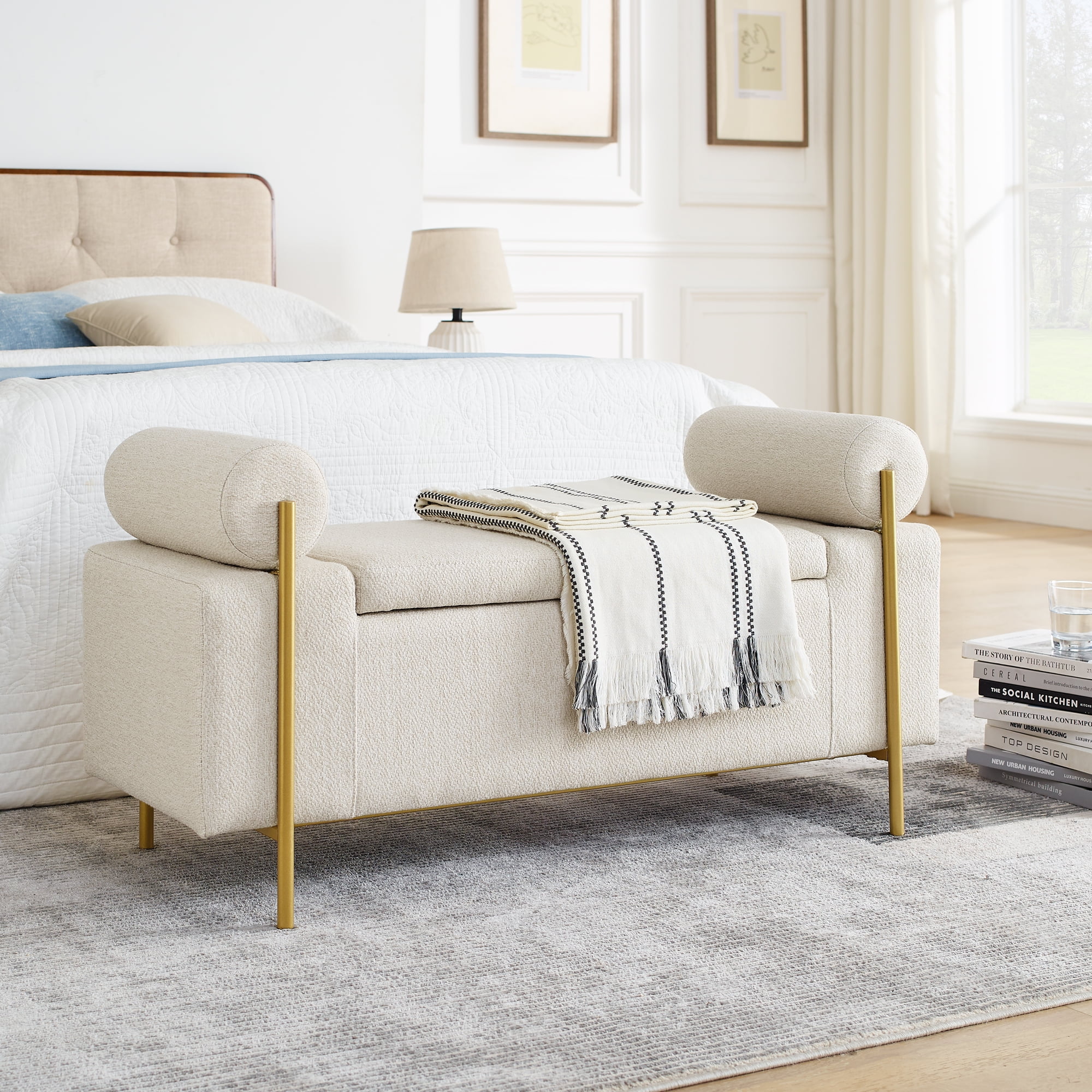 Elegant Upholstered Linen Storage Bench with Cylindrical Arms and Iron ...