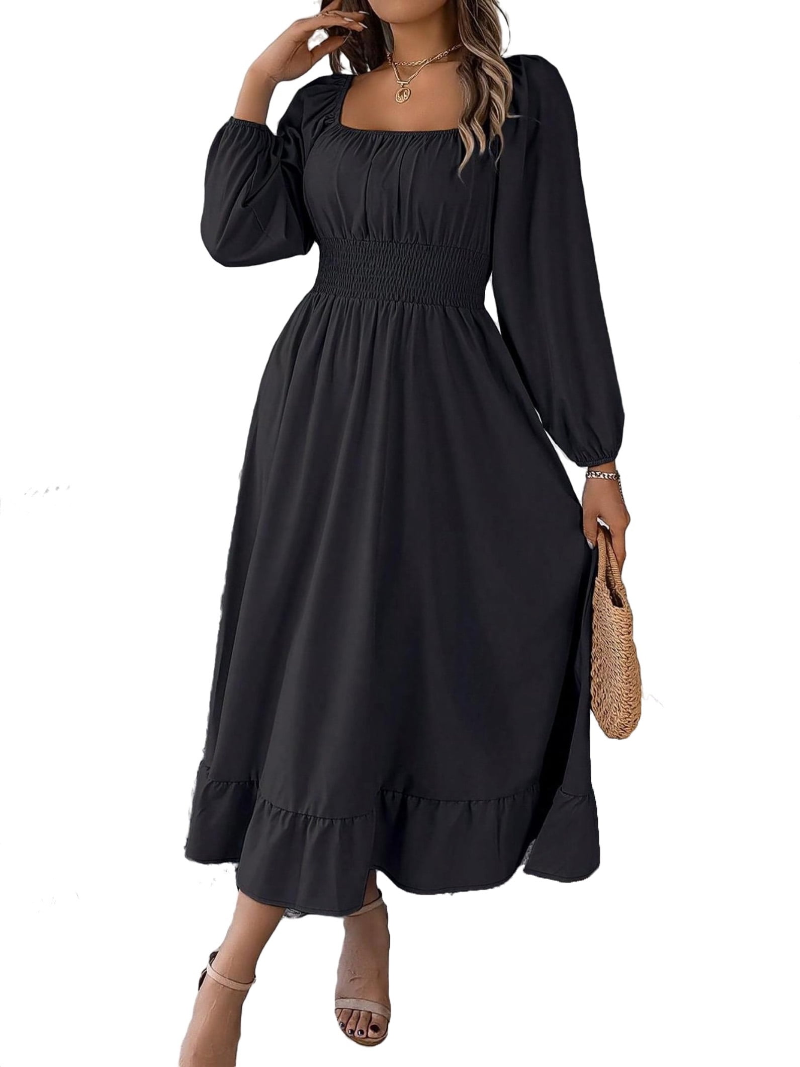 Elegant V-Neck Cinched Waist Ruffle Hem Women Long Dress A-Line Black ...