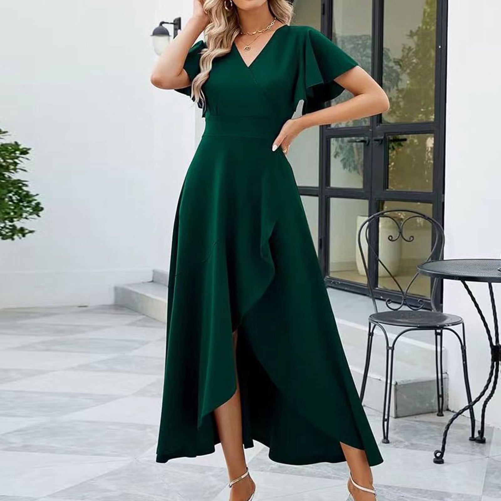 Elegant V Neck Pleated Dress For Women Stylish Evening Gown For Wedding Guests And Formal Events ...