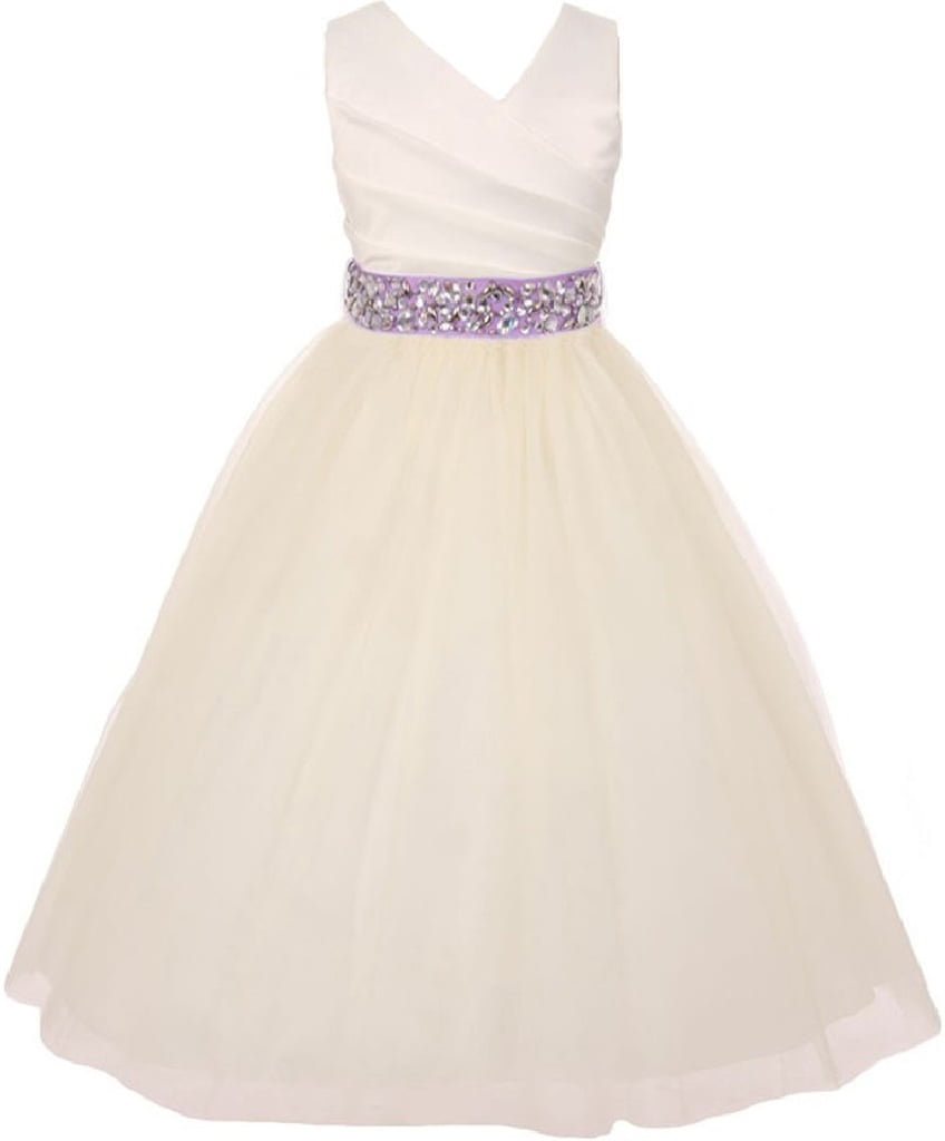 Elegant V Neck Rhinestone Belt Big Girl Flower Girls Dresses Ivory ...