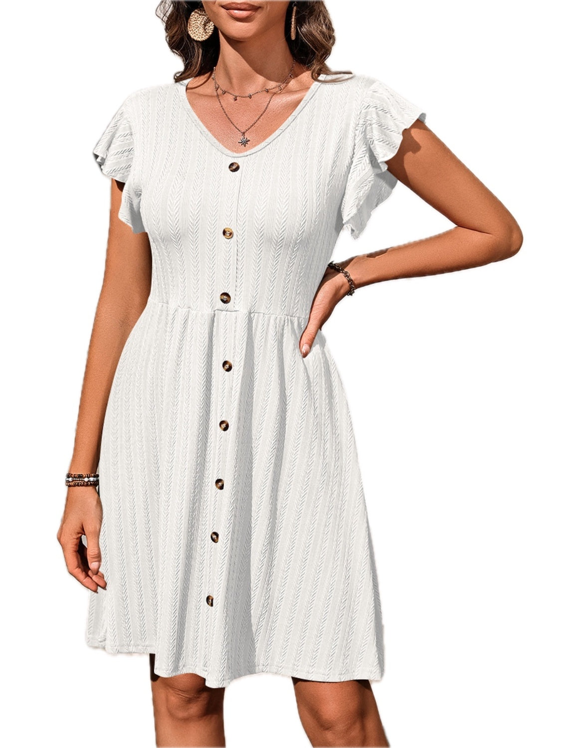 Elegant V-Neck Ruffled Dress with Stylish Decorative Buttons for ...