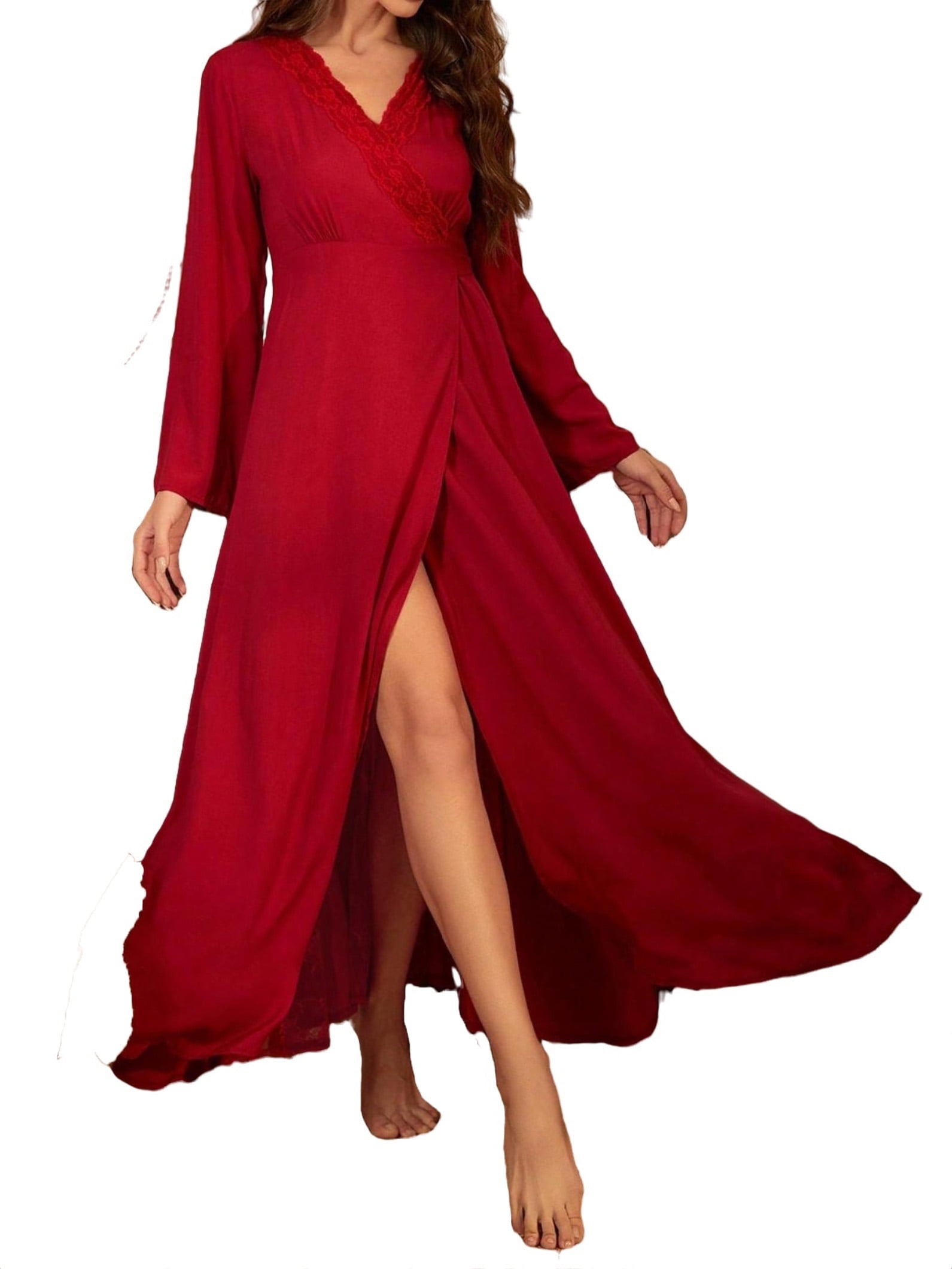 Elegant V neck Robes Long Sleeve Nightdress Burgundy Women Robes (Women ...