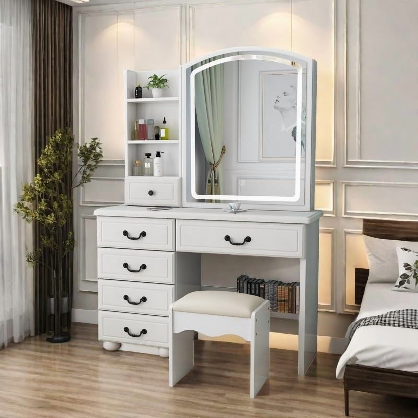 Elegant Vanity Desk with Lighted Mirror, 6 Drawer White Dressing Table ...