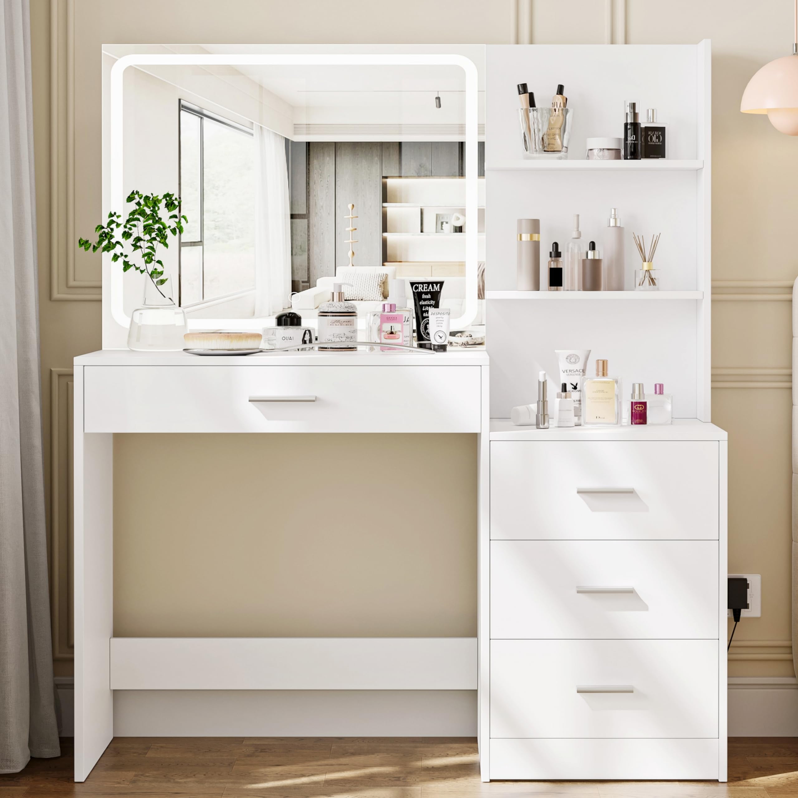 Elegant Vanity Desk with Lighted Mirror, 3-Color Adjustable Lighting ...