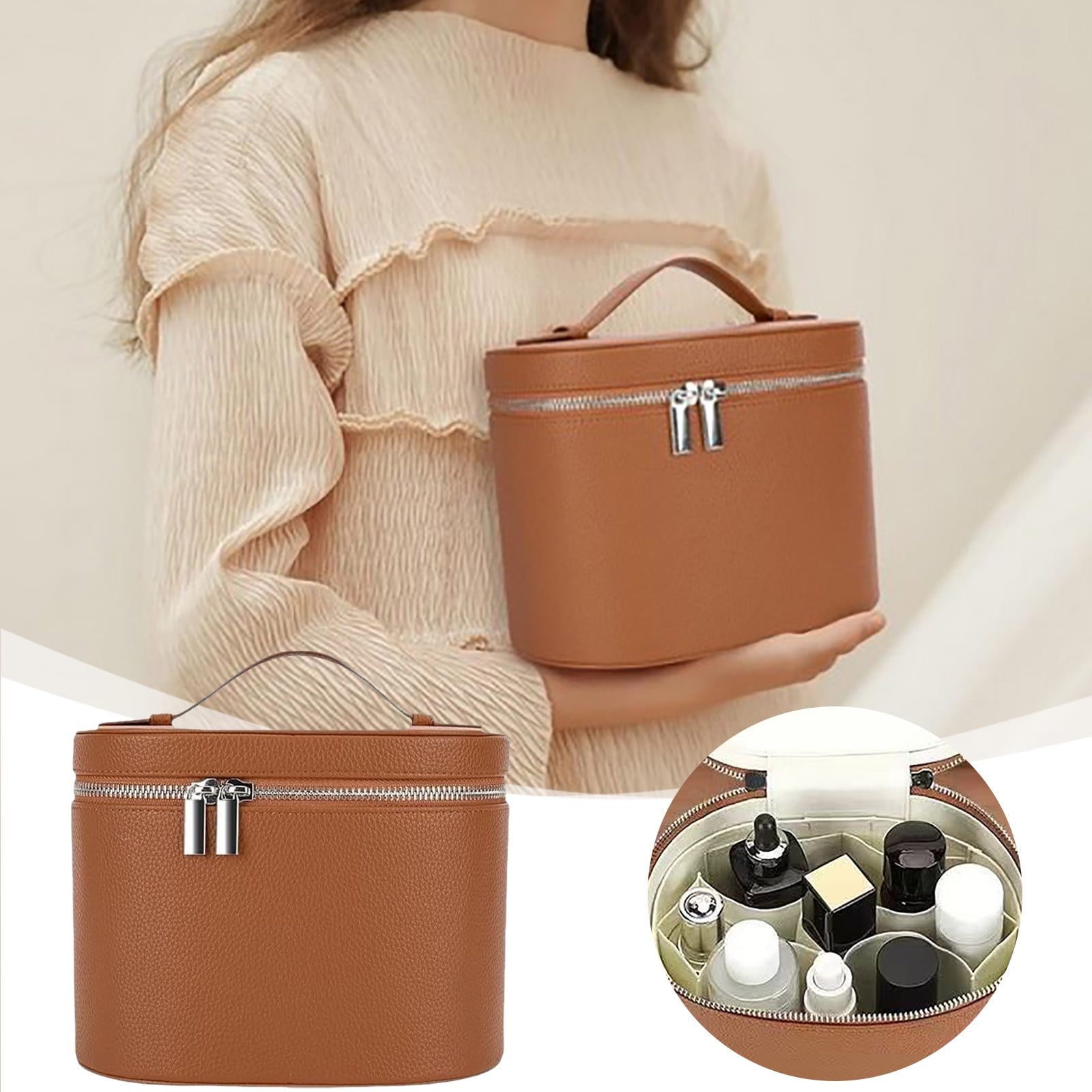 Elegant Vanity Makeup Organizer Bag with Handle and Divider PU Leather ...