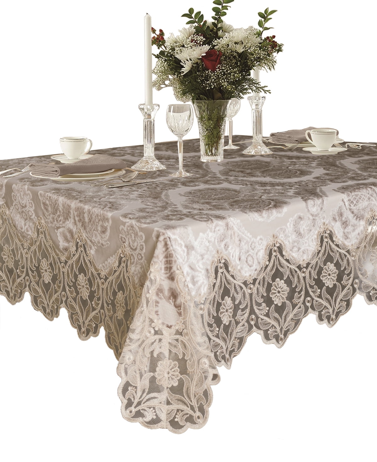 Elegant Velvet Lace Sheer Floral Deluxe Design Tablecloths - Taupe, 45 ...