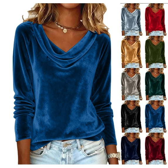 Elegant Velvet Tunic Shirt for Women - Cowl Neck Long Sleeve Top ...