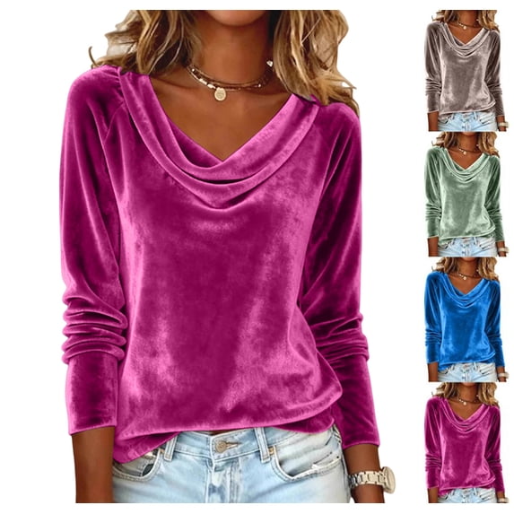 Elegant Velvet Tunic Shirt for Women - Cowl Neck Long Sleeve Top ...