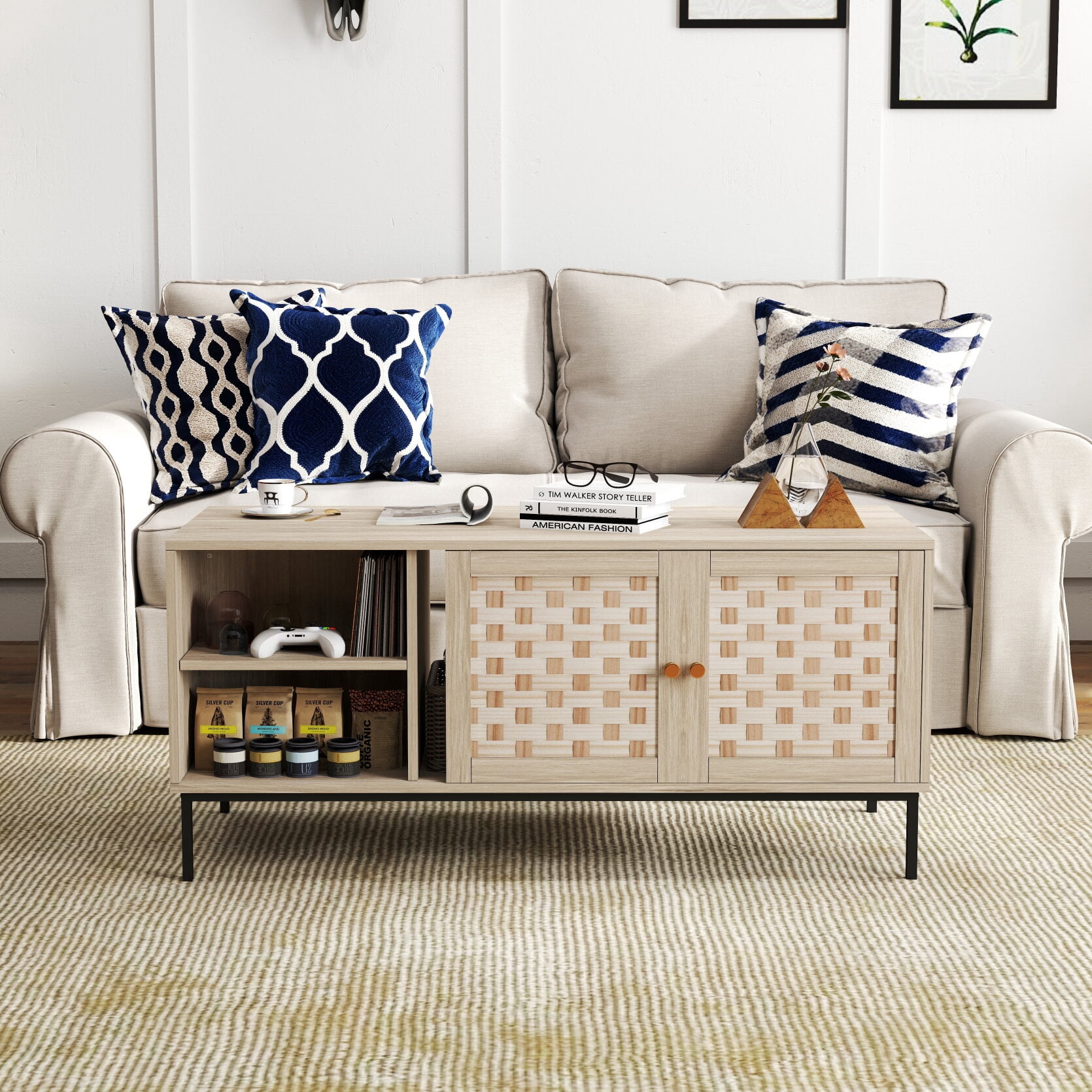 Elegant Veneer Weave Coffee Table with 4 Sliding Doors | Wood ...